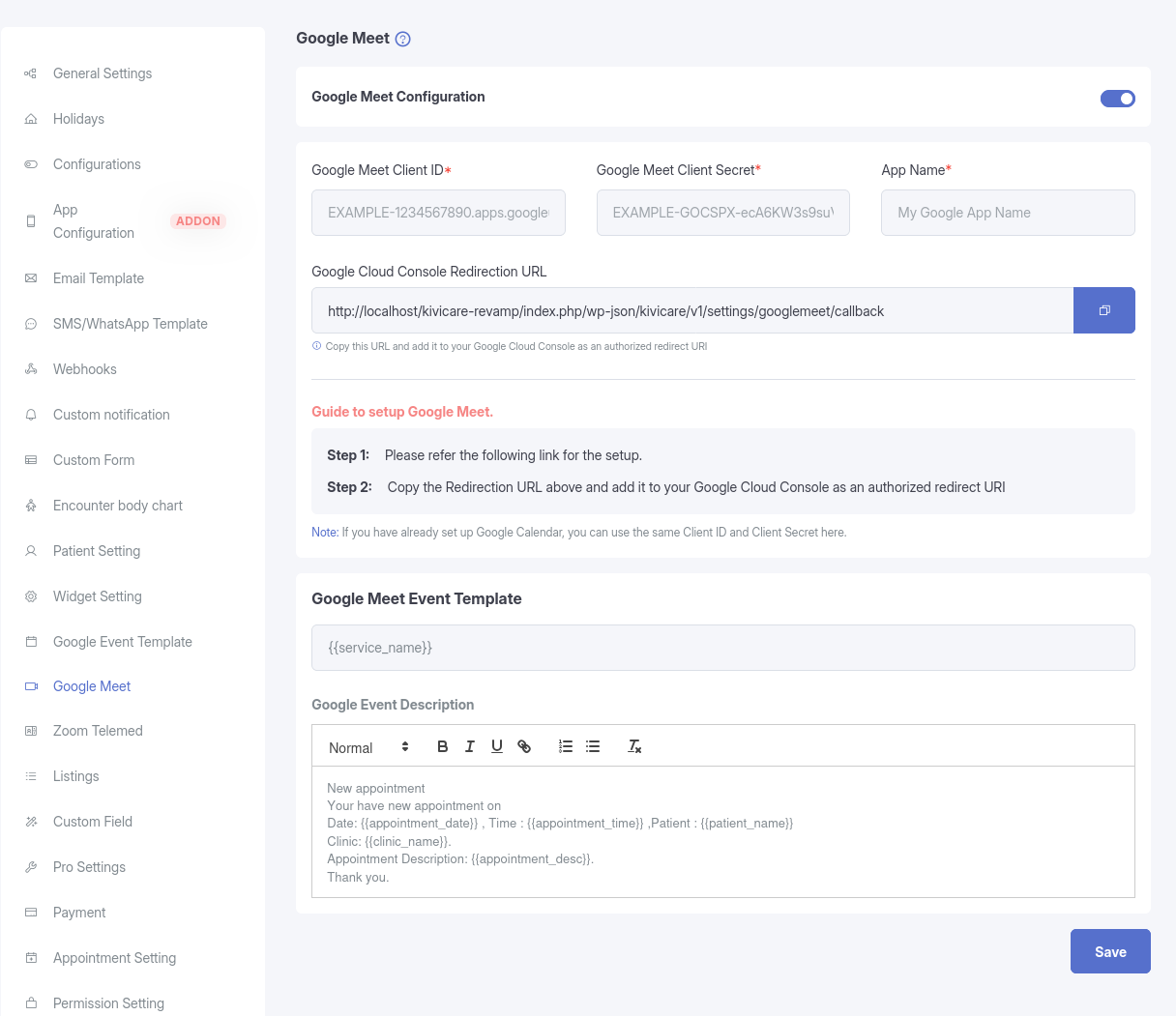 Global Google Meet Settings (Admin) - KiviCare WordPress - Documentation